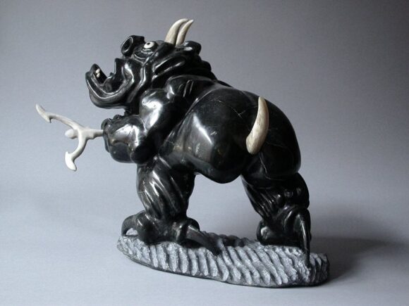 demon with trident, 1996, stone, muskox horn, caribou antler, 15.5 x 19 ...