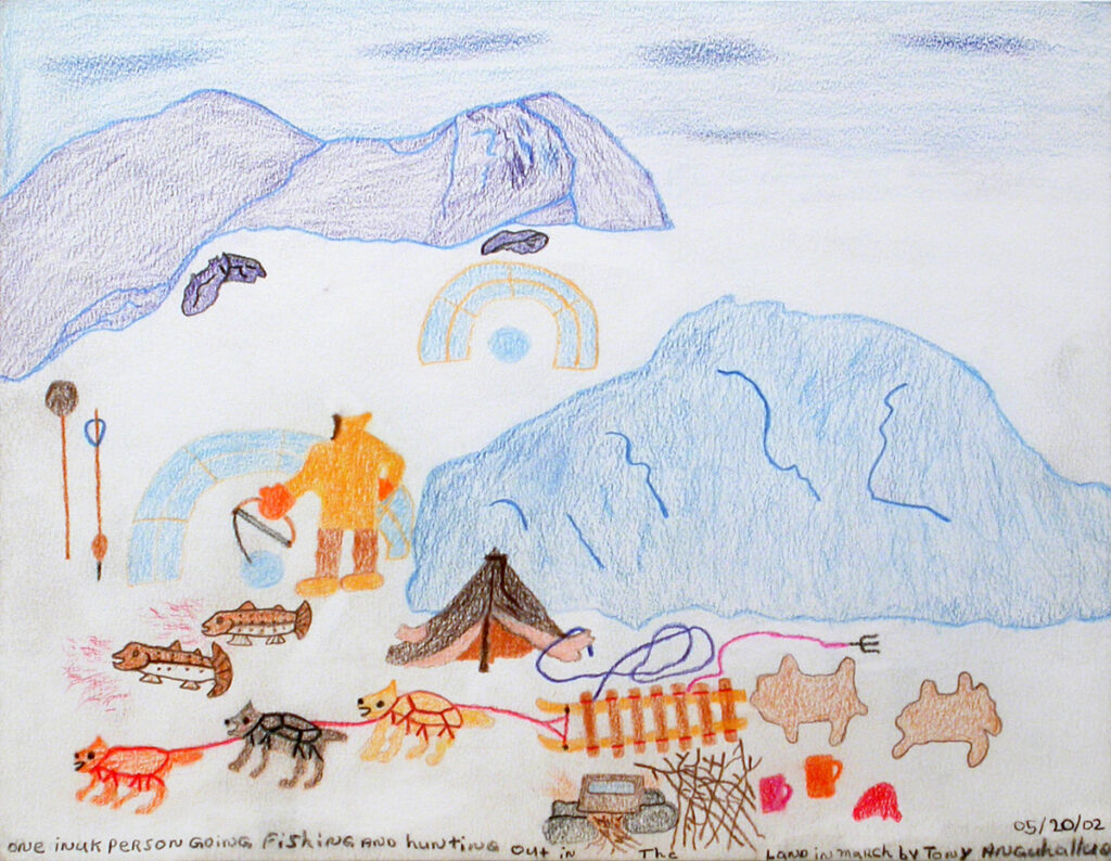 One inuk person going fishing and hunting out in the land in March ...